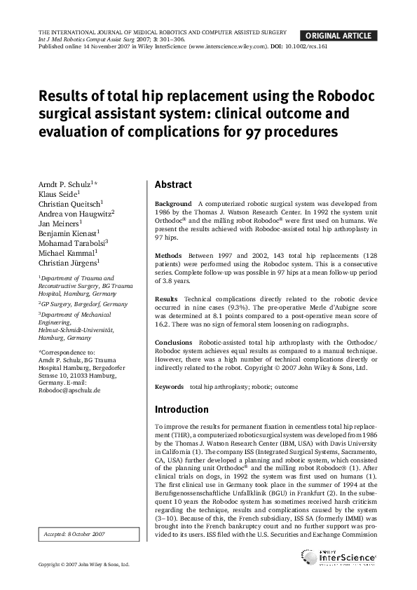 (PDF) Results of total hip replacement using the Robodoc surgical ...