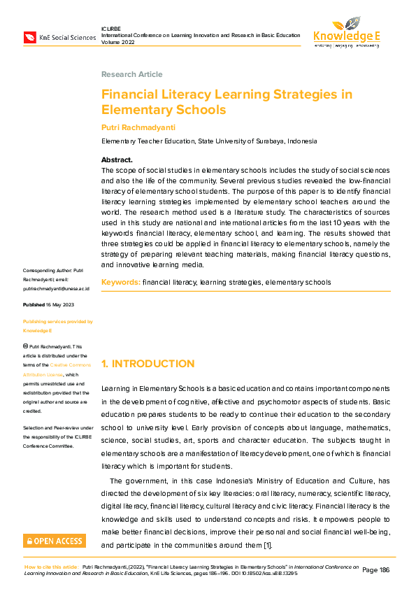 (PDF) Financial Literacy Learning Strategies in Elementary Schools