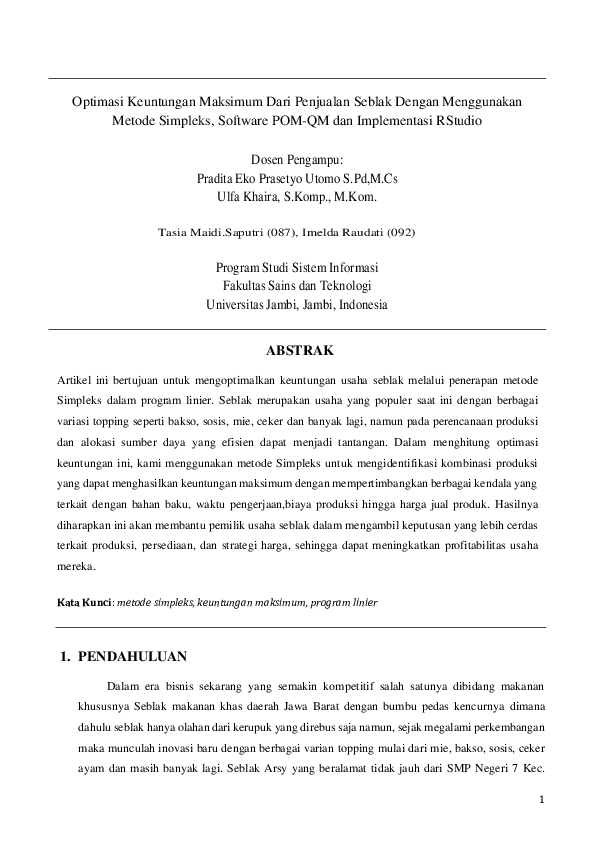 (PDF) Optimasi Keuntungan Maksimum Dari Penjualan Seblak Dengan Menggunakan Metode Simpleks ...