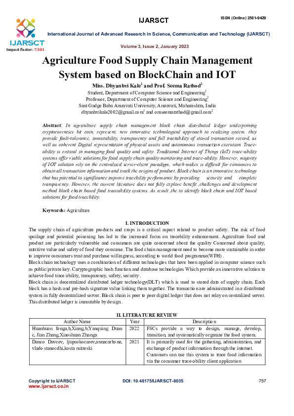 (PDF) Agriculture Food Supply Chain Management System based on BlockChain and IOT