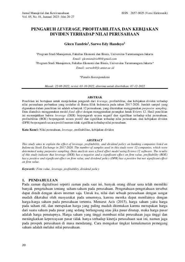 (PDF) Pengaruh Leverage, Profitabilitas, dan Kebijakan Dividen terhadap Nilai Perusahaan
