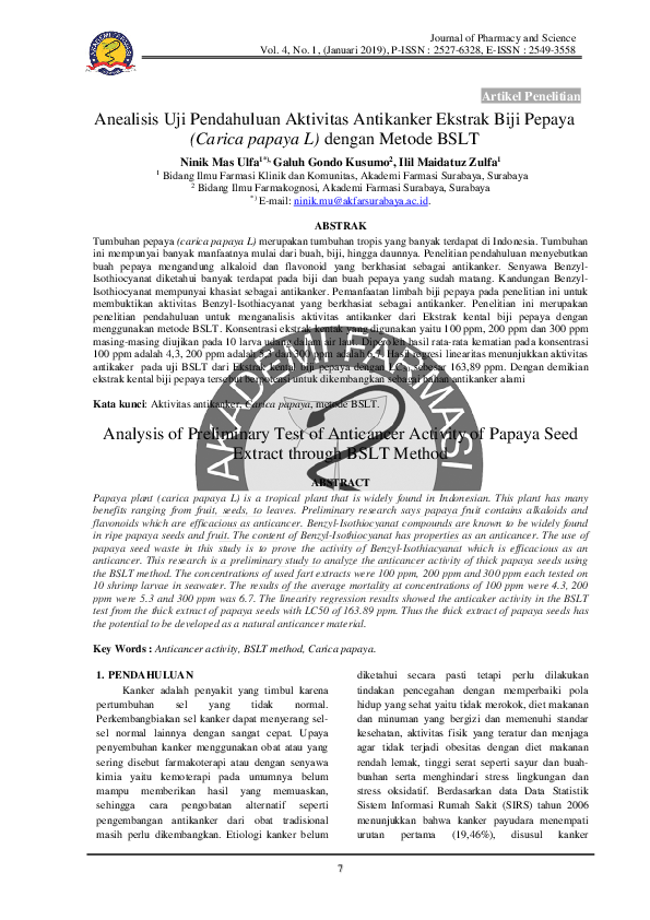(PDF) Anealisis Uji Pendahuluan Aktivitas Antikanker Ekstrak Biji Pepaya (Carica papaya L ...