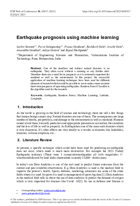 (PDF) Earthquake prognosis using machine learning