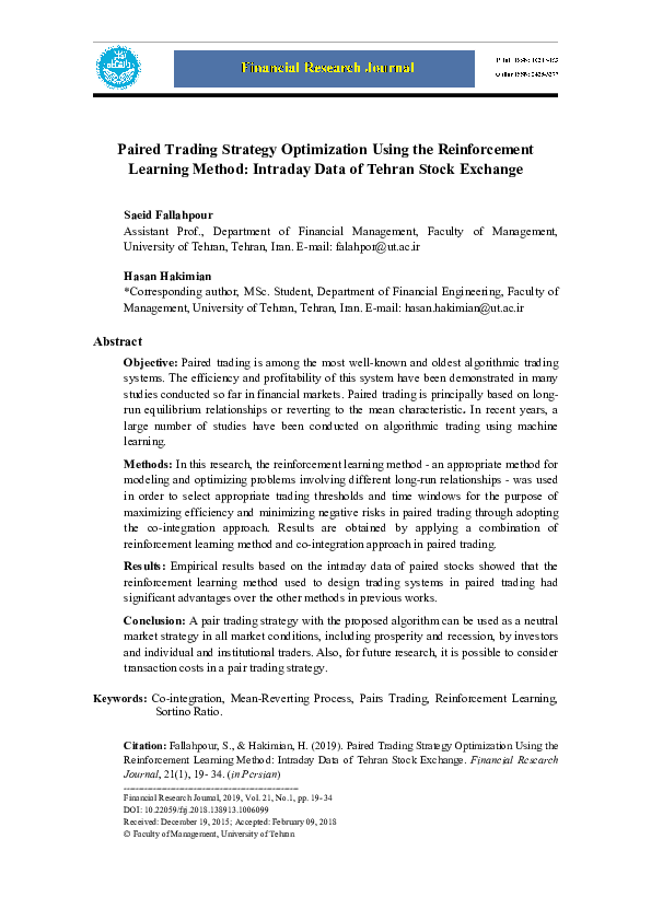 (PDF) Pairs Trading Strategy Optimization Using the Reinforcement Learning Method: A ...