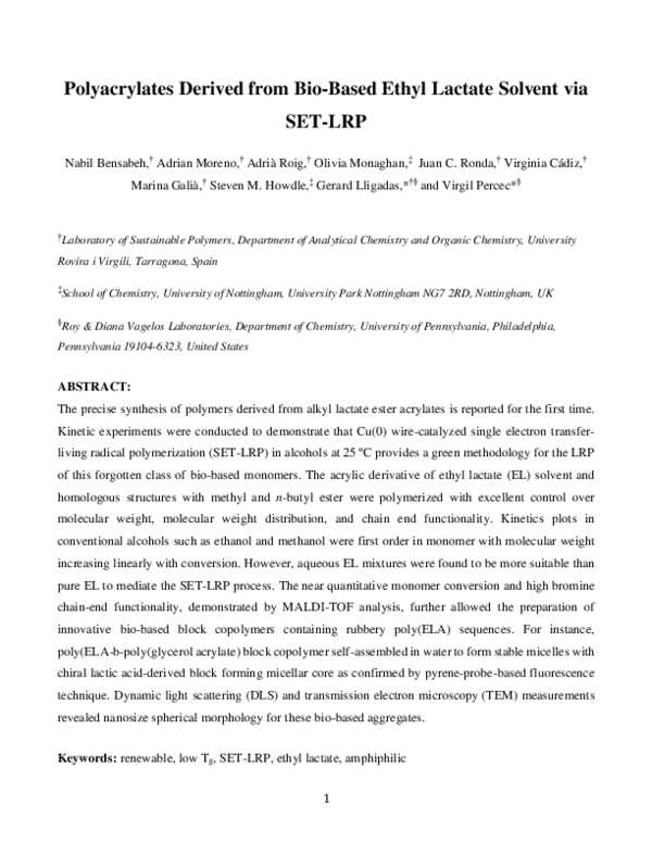 (PDF) Polyacrylates Derived from Biobased Ethyl Lactate Solvent via SET-LRP