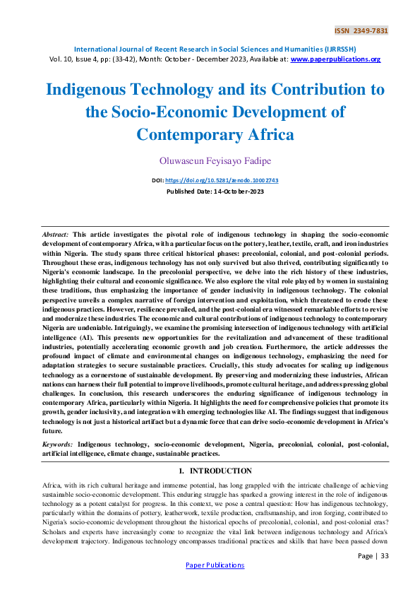 (PDF) Indigenous Technology and its Contribution to the Socio-Economic ...