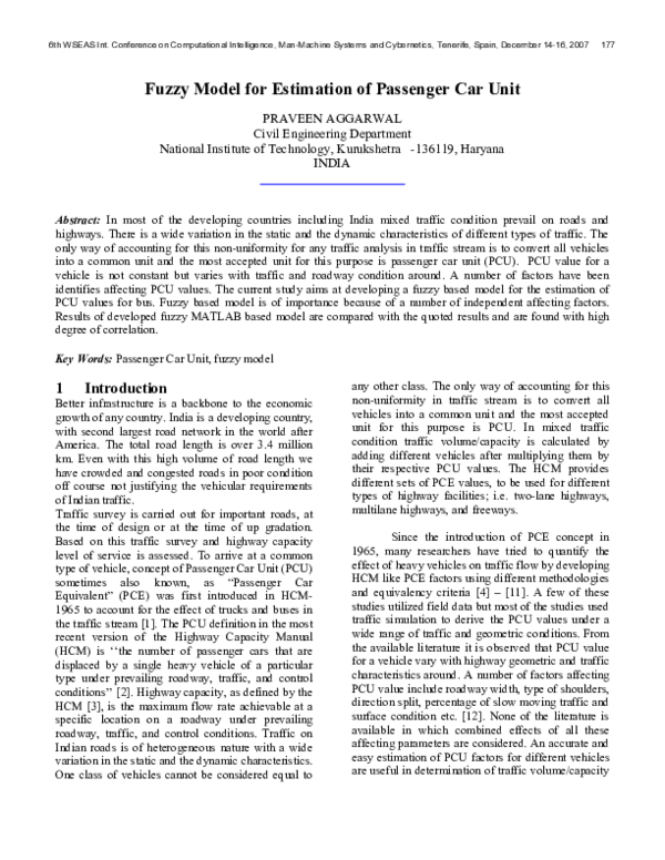 Pdf Fuzzy Model For Estimation Of Passenger Car Unit