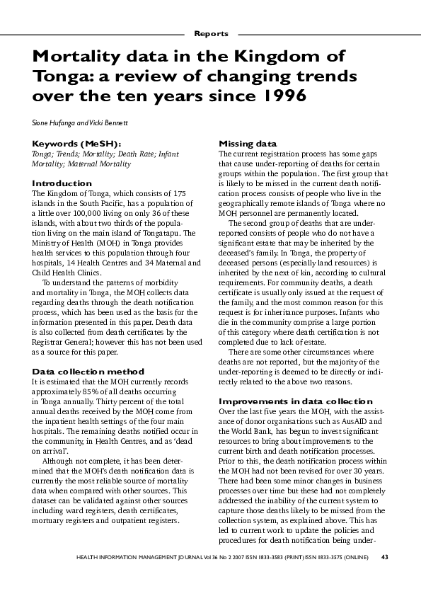 (PDF) Mortality Data in the Kingdom of Tonga: A Review of Changing ...