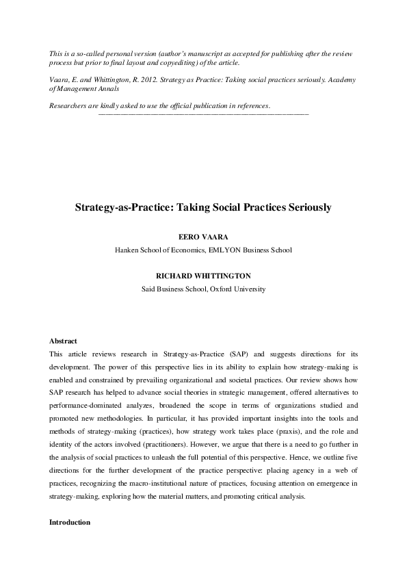 (PDF) Strategy-as-Practice: Taking Social Practices Seriously