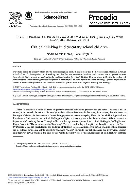 (PDF) Critical Thinking in Elementary School Children