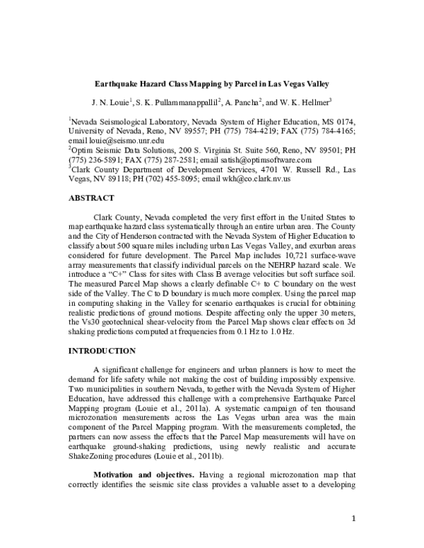 (PDF) Earthquake Hazard Class Mapping by Parcel in Las Vegas Valley