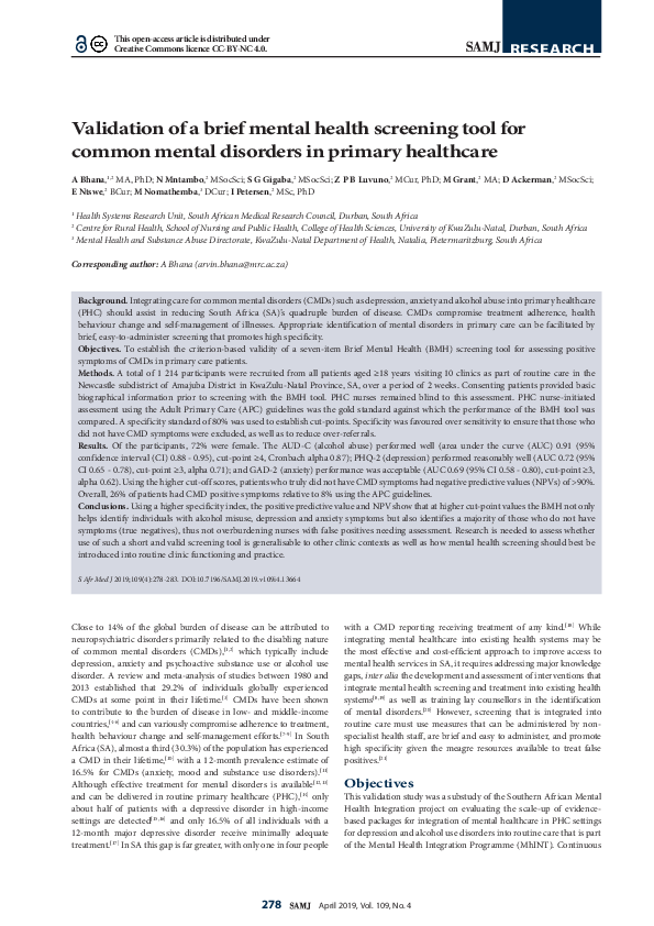 (PDF) Validation of a brief mental health screening tool for common ...