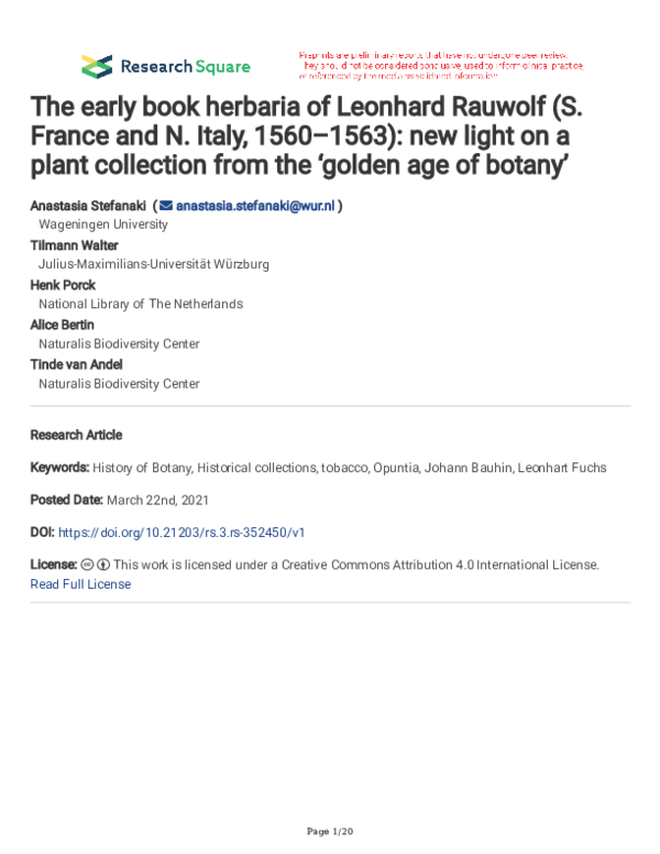 (PDF) The early book herbaria of Leonhard Rauwolf (S. France and N ...