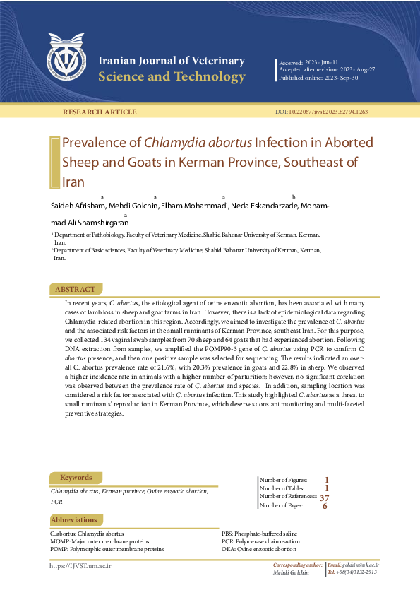 (PDF) Prevalence of Chlamydia abortus Infection in Aborted Sheep and Goats in Kerman Province ...