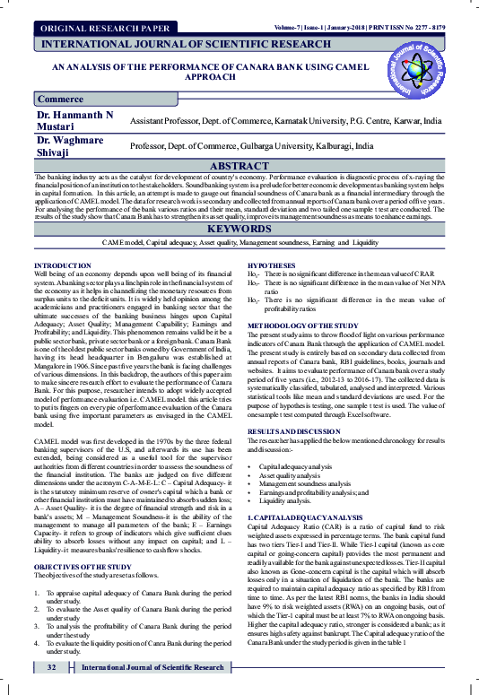 (PDF) An Analysis of the Performance of Canara Bank Using Camel Approach