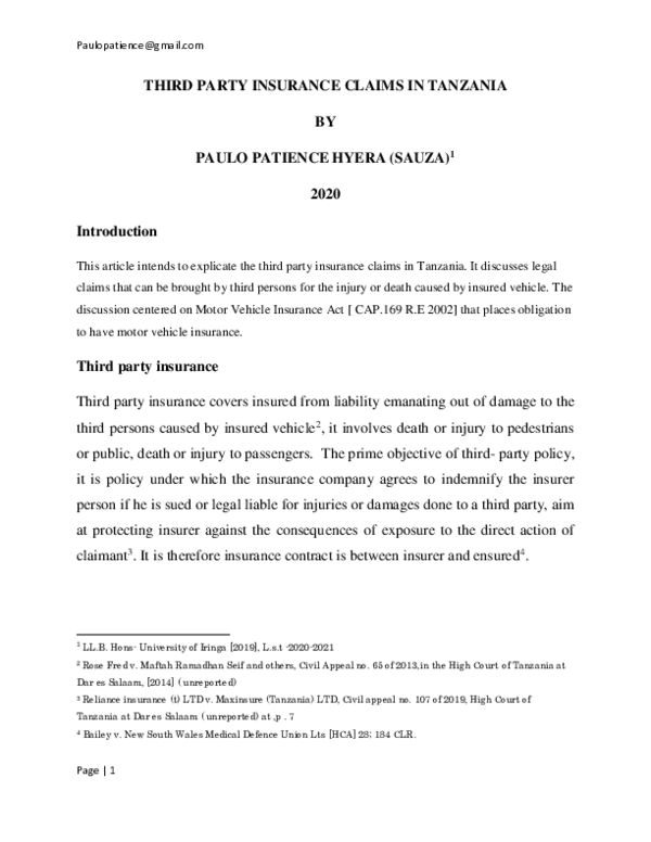(PDF) THIRD PARTY INSURANCE CLAIMS IN TANZANIA