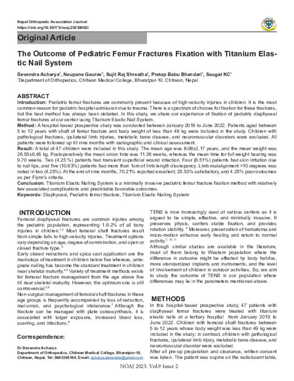 (PDF) The Outcome of Pediatric Femur Fractures Fixation with Titanium Elastic Nail System