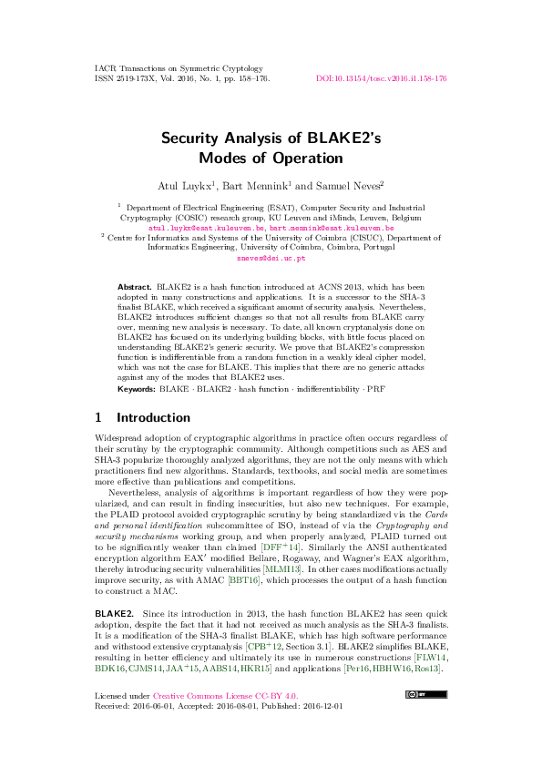 (PDF) Security Analysis of BLAKE2’s Modes of Operation