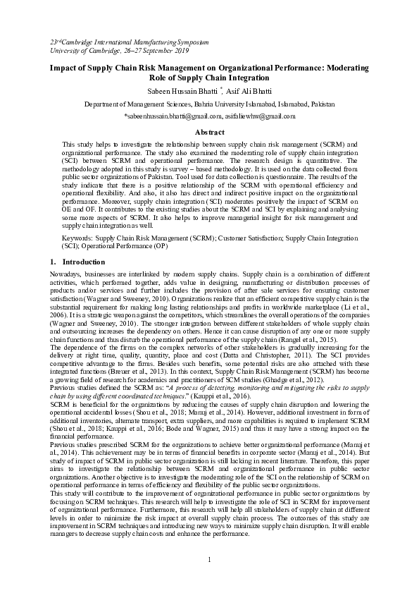 (PDF) Impact of Supply Chain Risk Management on Organizational Performance: Moderating Role of ...