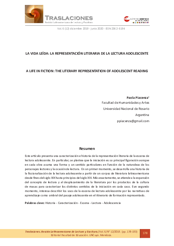 (PDF) La vida leída: la representación literaria de la lectura adolescente