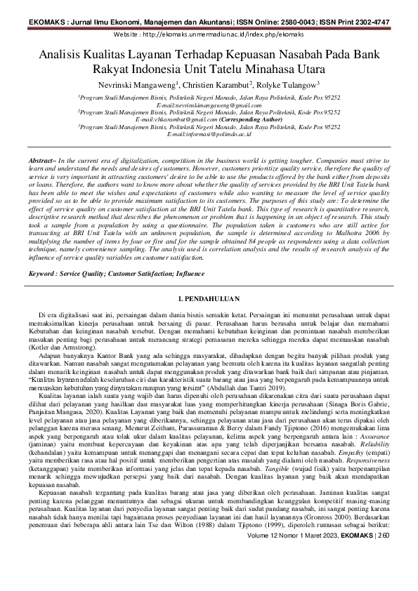 (PDF) Analisis Kualitas Layanan Terhadap Kepuasan Nasabah Pada Bank Rakyat Indonesia Unit Tatelu ...