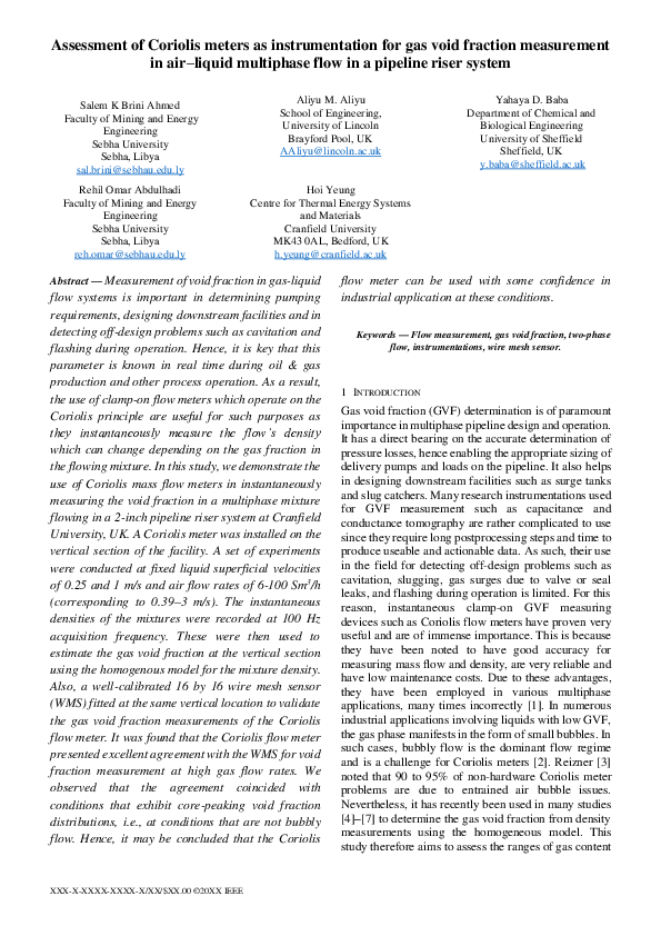 (PDF) Assessment of Coriolis meters as instrumentation for gas void fraction measurement in air ...