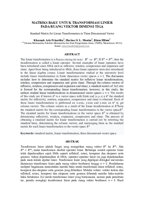 (PDF) Matriks Baku Untuk Transformasi Linier Pada Ruang Vektor Dimensi Tiga
