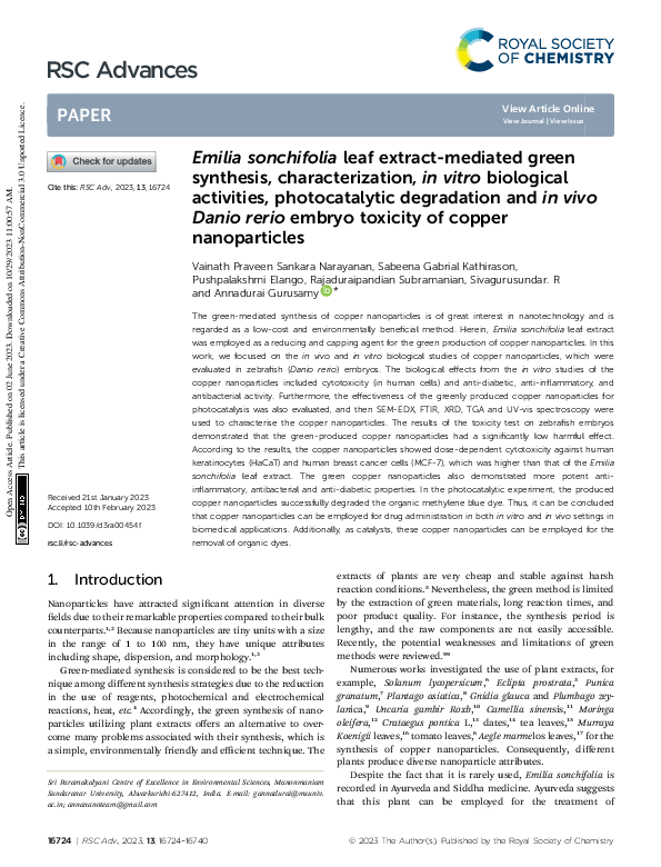 (PDF) Emilia sonchifolia leaf extract-mediated green synthesis, characterization, in vitro ...