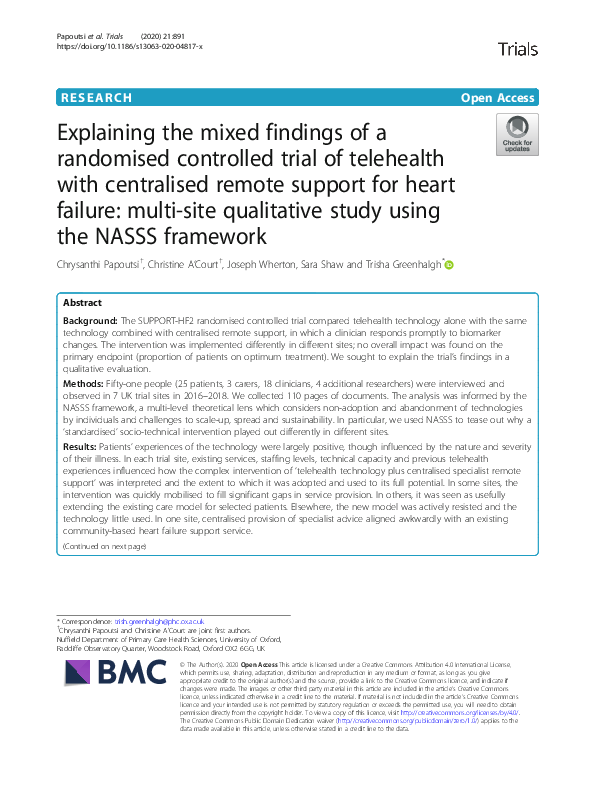 (PDF) Explaining the mixed findings of a randomised controlled trial of telehealth with ...