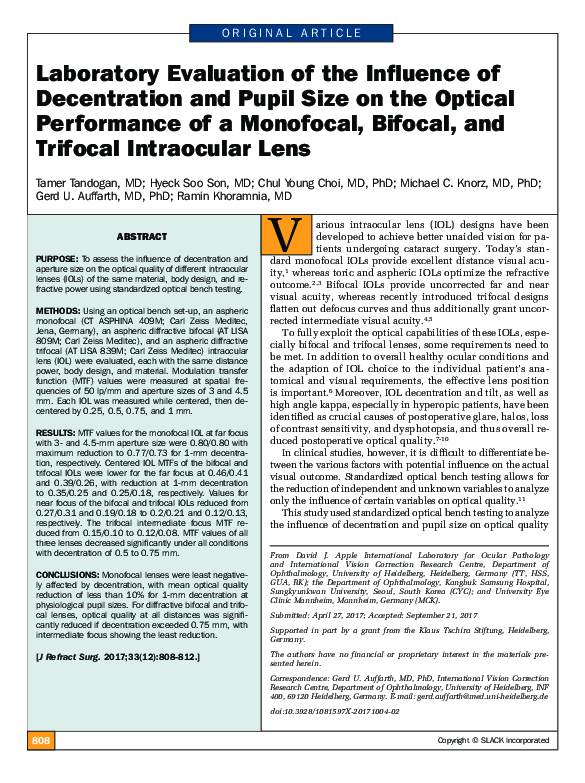 (PDF) Laboratory Evaluation of the Influence of Decentration and Pupil Size on the Optical ...