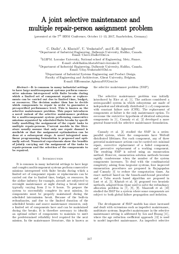 (PDF) A joint selective maintenance and multiple repair-person assignment problem