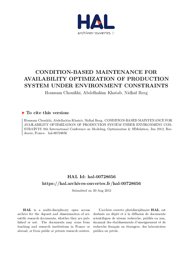 (PDF) Condition-Based Maintenance for Availability Optimization of Production System Under ...