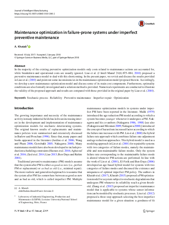 (PDF) Maintenance optimization in failure-prone systems under imperfect preventive maintenance