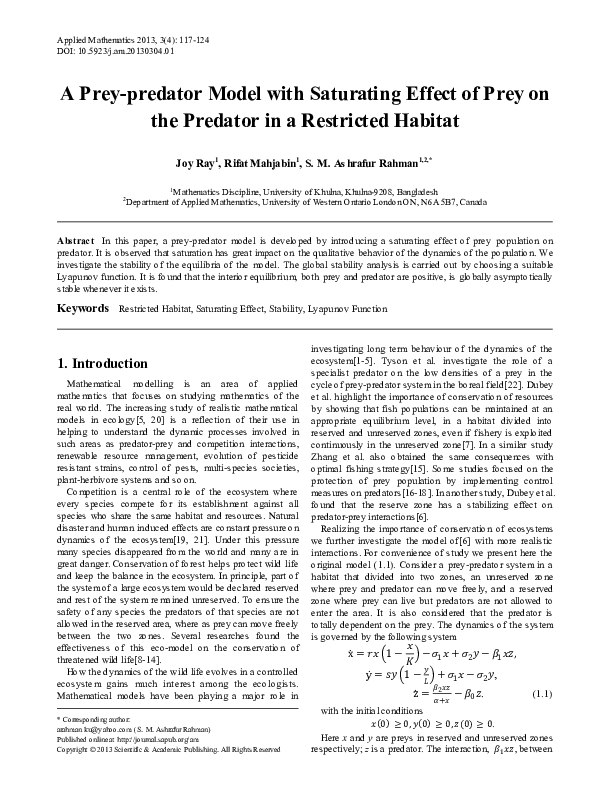 Pdf A Prey Predator Model With Saturating Effect Of Prey On The Predator In A Restricted Habitat
