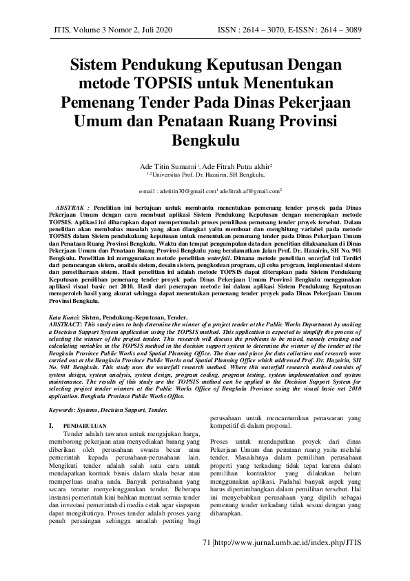 (PDF) Sistem Pendukung Keputusan Dengan metode TOPSIS untuk Menentukan Pemenang Tender Pada ...