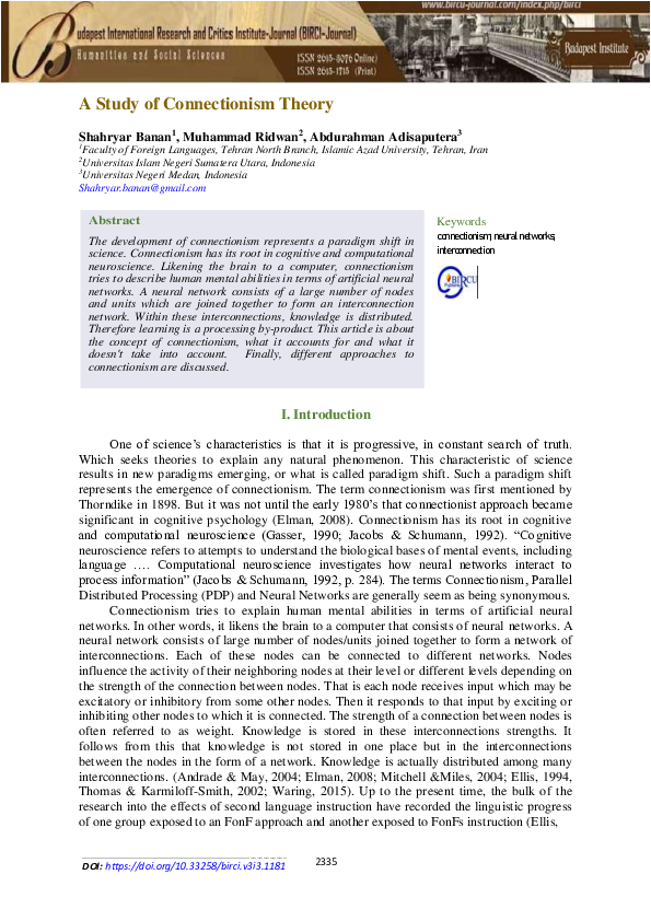 (PDF) A Study of Connectionism Theory