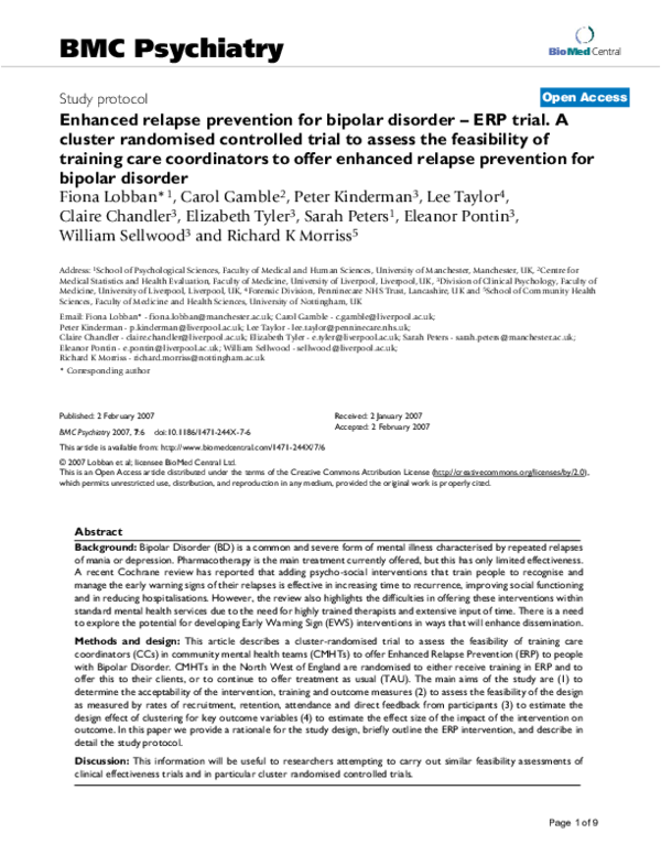 (PDF) Enhanced relapse prevention for bipolar disorder – ERP trial. A ...