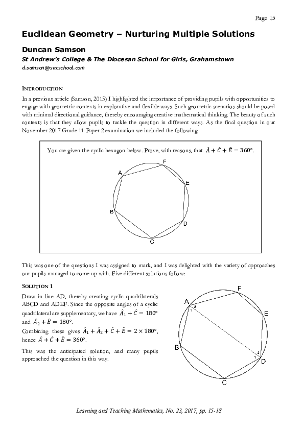 (PDF) Euclidean Geometry – Nurturing Multiple Solutions