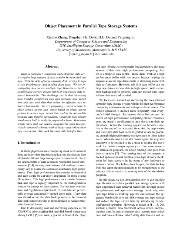 (PDF) Object Placement in Parallel Tape Storage Systems