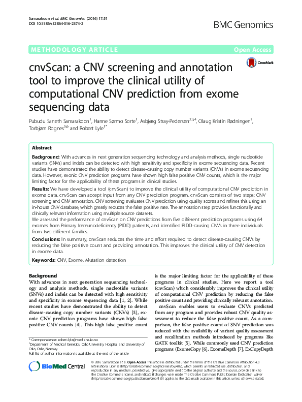 (PDF) cnvScan: a CNV screening and annotation tool to improve the clinical utility of ...