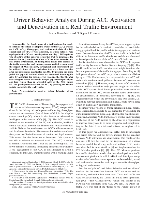(PDF) Driver Behavior Analysis During ACC Activation and Deactivation in a Real Traffic Environment