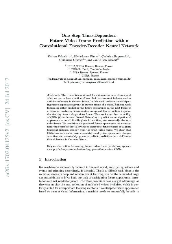 (PDF) One-Step Time-Dependent Future Video Frame Prediction with a Convolutional Encoder-Decoder ...