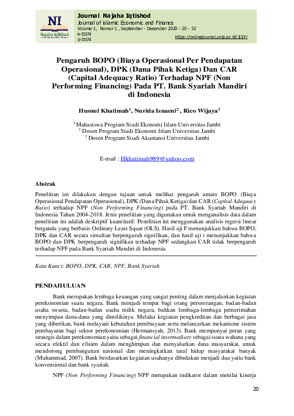 (PDF) Pengaruh BOPO (Biaya Operasional Per Pendapatan Operasional), DPK (Dana Pihak Ketiga) Dan ...