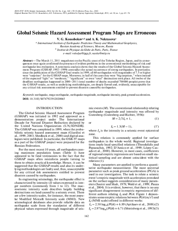 (PDF) Global Seismic Hazard Assessment Program Maps Are Misleading