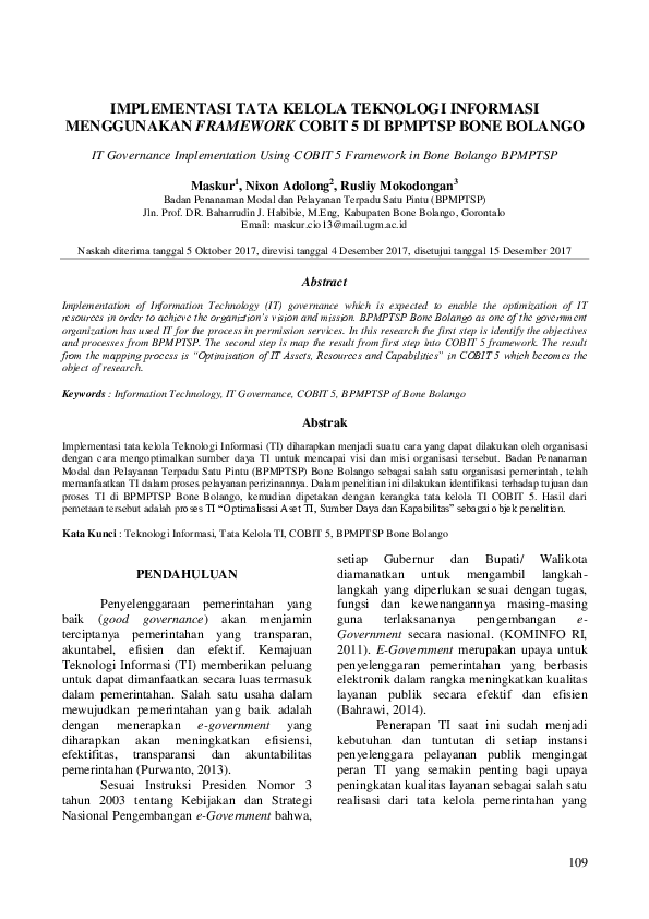 (PDF) Implementasi Tata Kelola Teknologi Informasi Menggunakan Framework Cobit 5 DI BPMPTSP Bone ...
