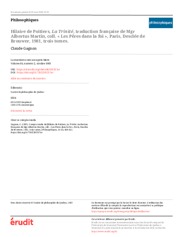(PDF) Hilaire de Poitiers, La Trinité, traduction française de Mgr ...