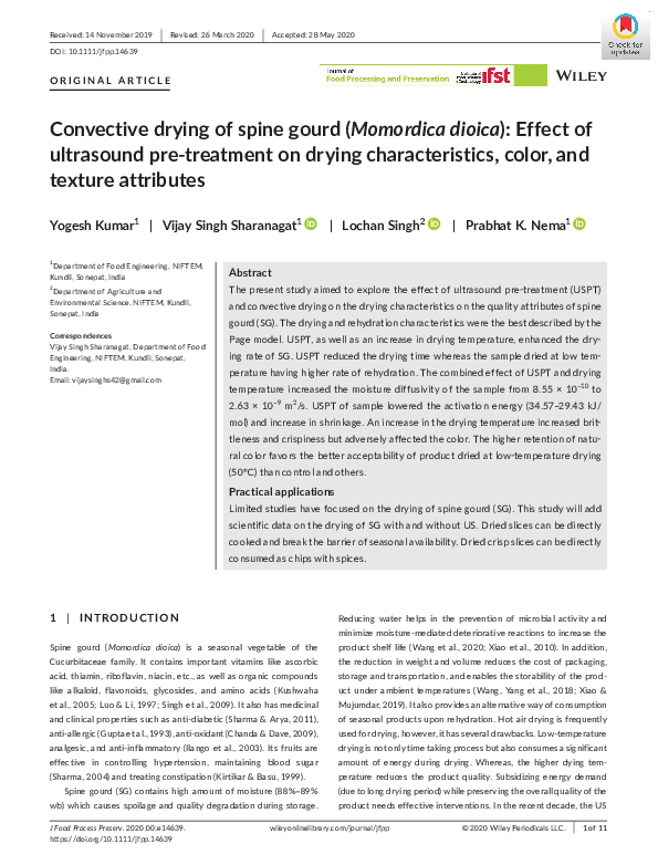 (PDF) Convective drying of spine gourd ( Momordica dioica ): Effect of ultrasound pre‐treatment ...