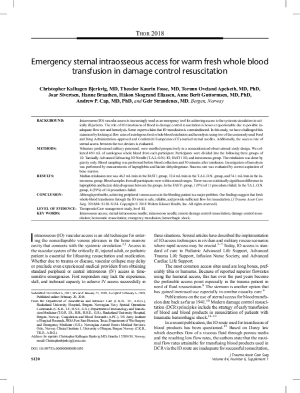 (PDF) Emergency sternal intraosseous access for warm fresh whole blood ...