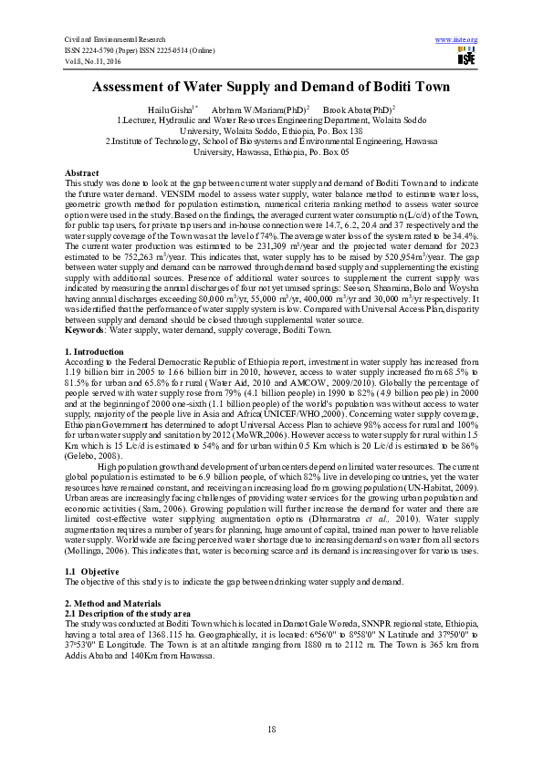 (PDF) Assessment of Water Supply and Demand of Boditi Town
