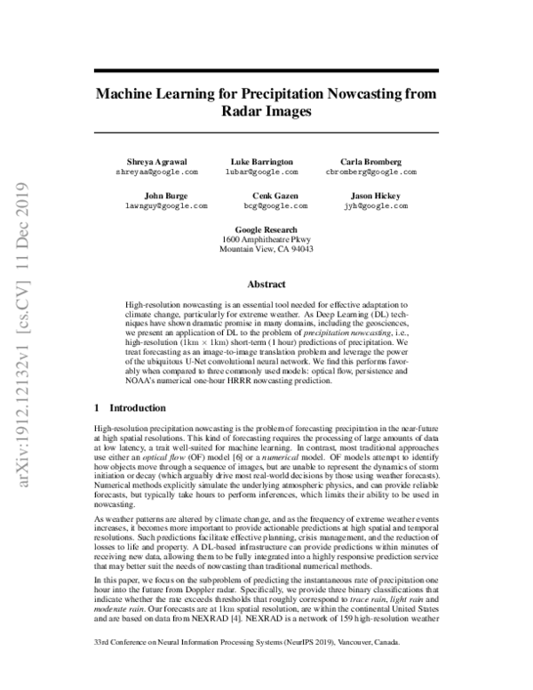 (PDF) Machine Learning for Precipitation Nowcasting from Radar Images